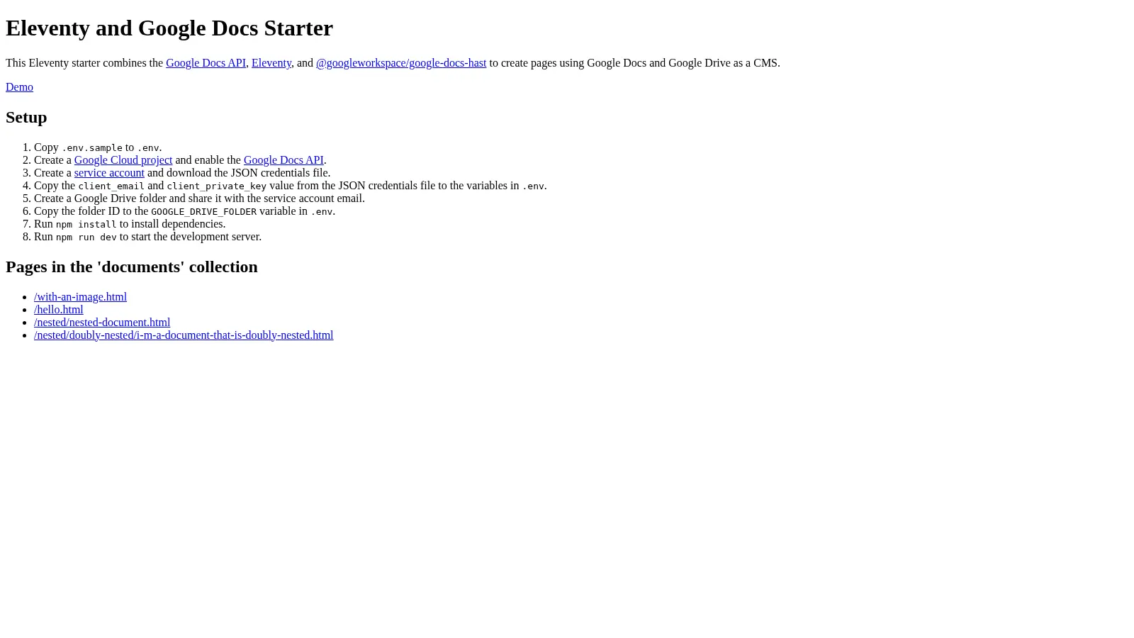 Eleventy Google Docs Starter | Starter Index